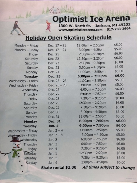 Holiday Skating Hours Announced at Optimist Ice Arena - OPTIMIST ICE ARENA